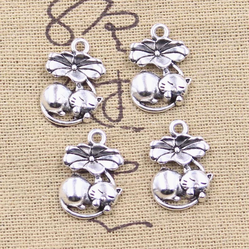 20pcs Charms Sleeping Cat Under Lotus Flower 20x14mm Antique Silver ...