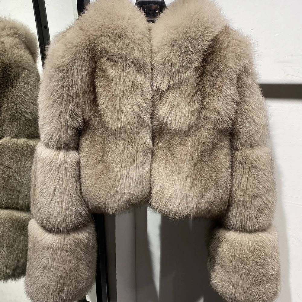 YOLOAgain High Collar Real Fox Fur Jacket Women Long Sleeve Fox Fur ...
