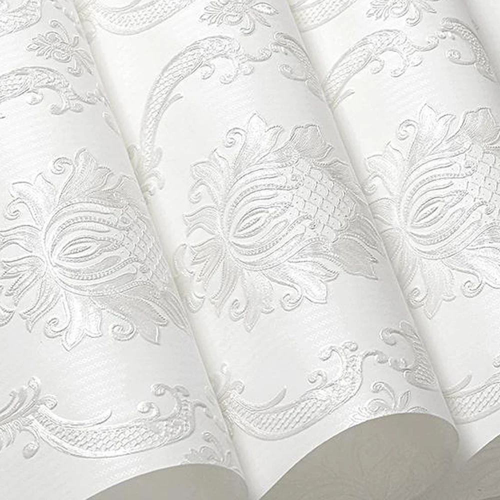 White-Embossed-Damask-Wallpaper-Plain-Solid-color-Damascus-Texture-Wall ...