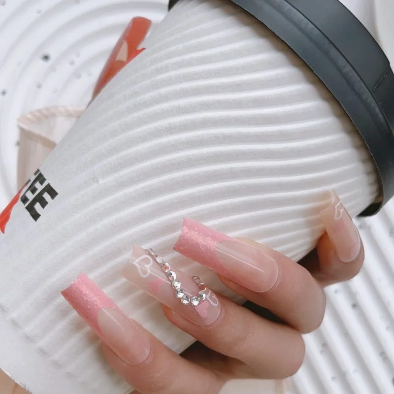 French Pink Cute Long Love Fake Nails Removable Reusable Artificial ...