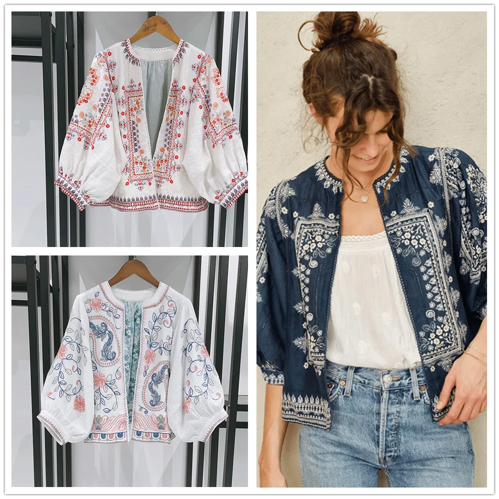 Ethnic Style Flower Embroidery Women Short Coat Early Autumn New O-Neck ...