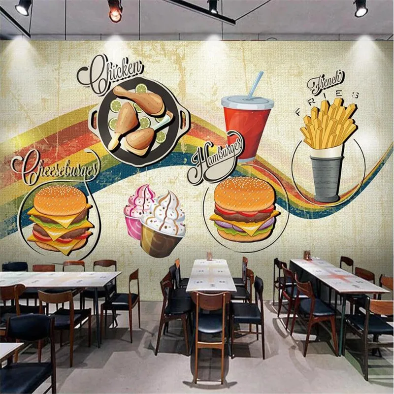 Retro-Hand-painted-Burger-Fried-Chicken-Ice-Cream-Mural-Wall-Paper-3D ...