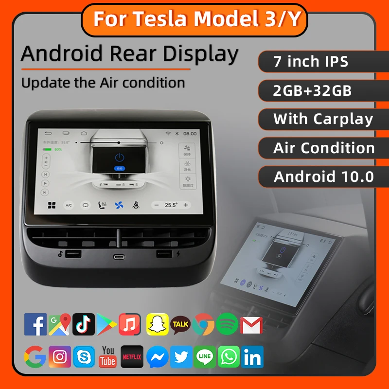 7 Inch IPS Screen Rear Display Panel for Tesla Model 3 Y Android Air ...