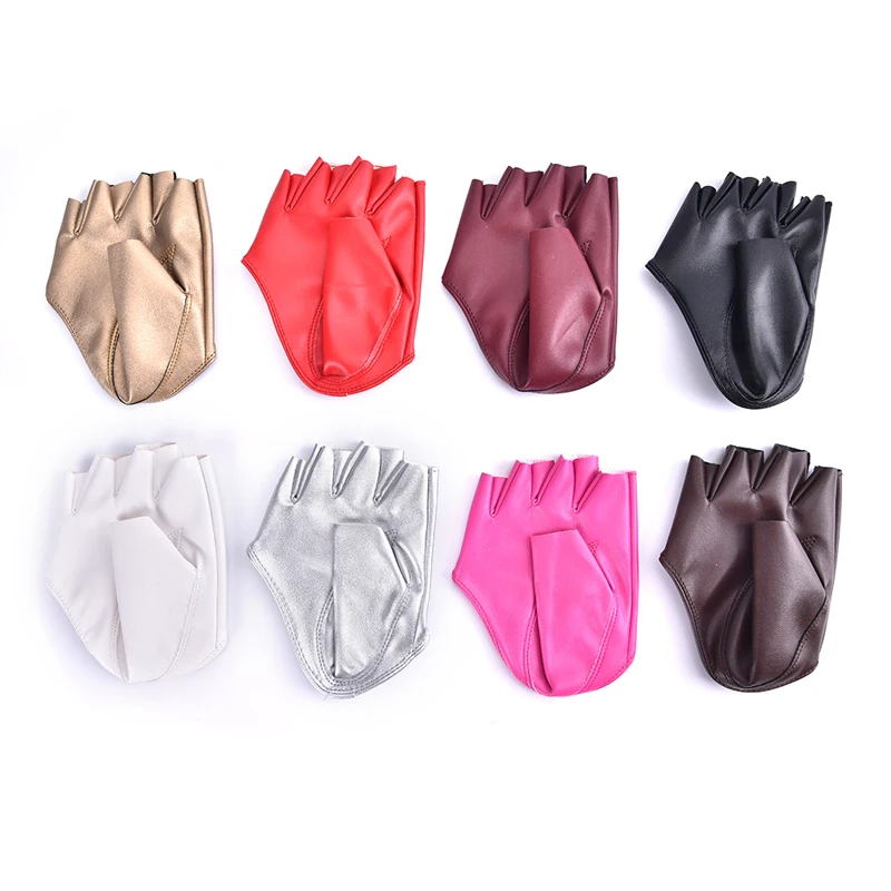 1pair Women Fashion PU Leather Half Finger Gloves Cool Goth Punk Rock ...