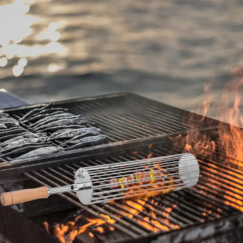 Outdoor Rolling Grill Basket Stainless Steel Cylinder Rotating Barbecue ...