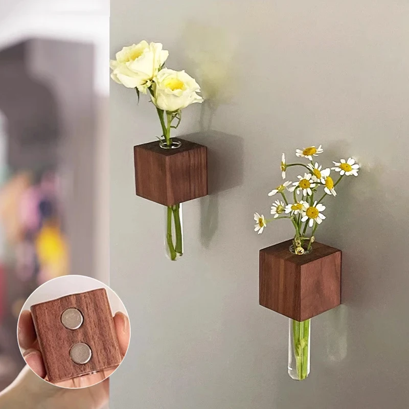 1/2pcs Wooden Magnetic Test Tube Vase Refrigerator Magnet DIY Flower ...