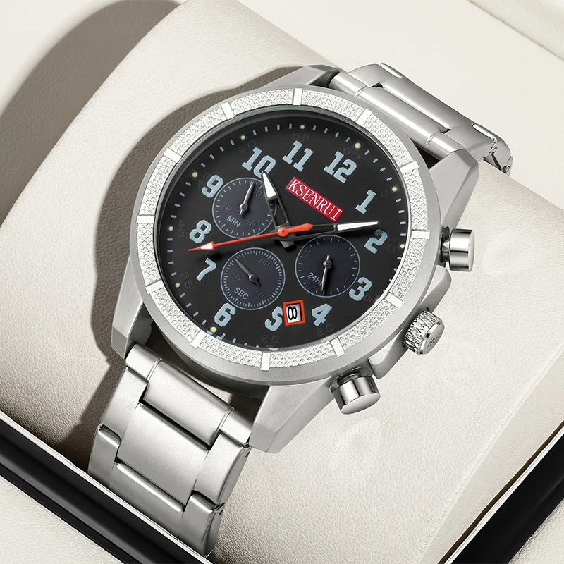 KSENRUI Steel band quartz watch Luxury Business men's Watch Chronograph ...