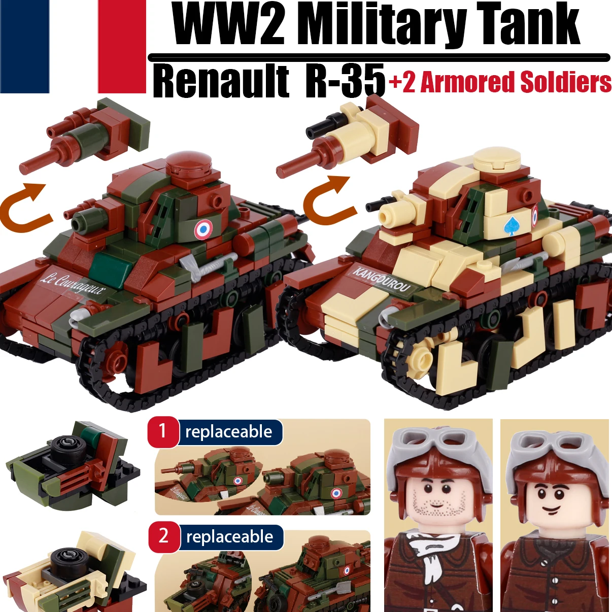 MOC-WW2-Military-French-Camouflage-R-35-Light-Tank-Building-Blocks-Kit ...