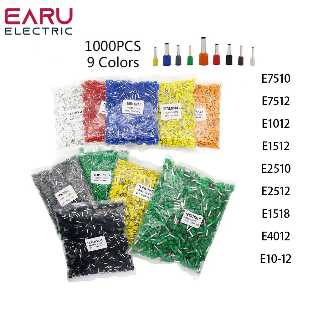 1000 개/갑 E7512 E1012 E1512 E10 12 7510 절연 페룰 단자대 코드 엔드 와이어 커넥터 전기식 크림프 ...