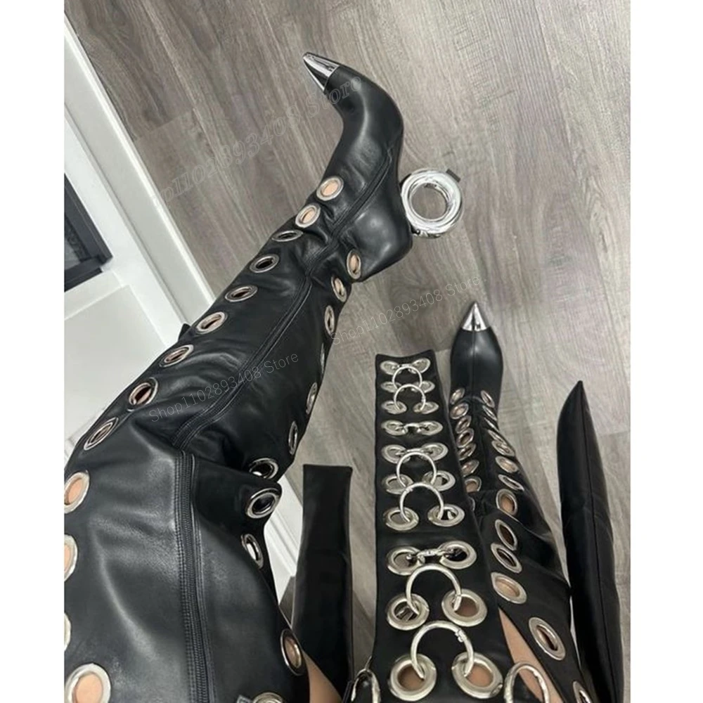 Black-Metal-Round-Rings-Design-Over-the-Knee-Boots-Strange-Style-Heel ...