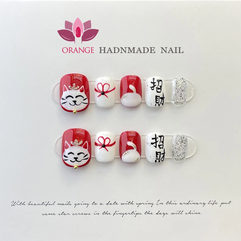 Handmade Japan Red Nail Set Press On Acrylic With Design Cute Pattern ...