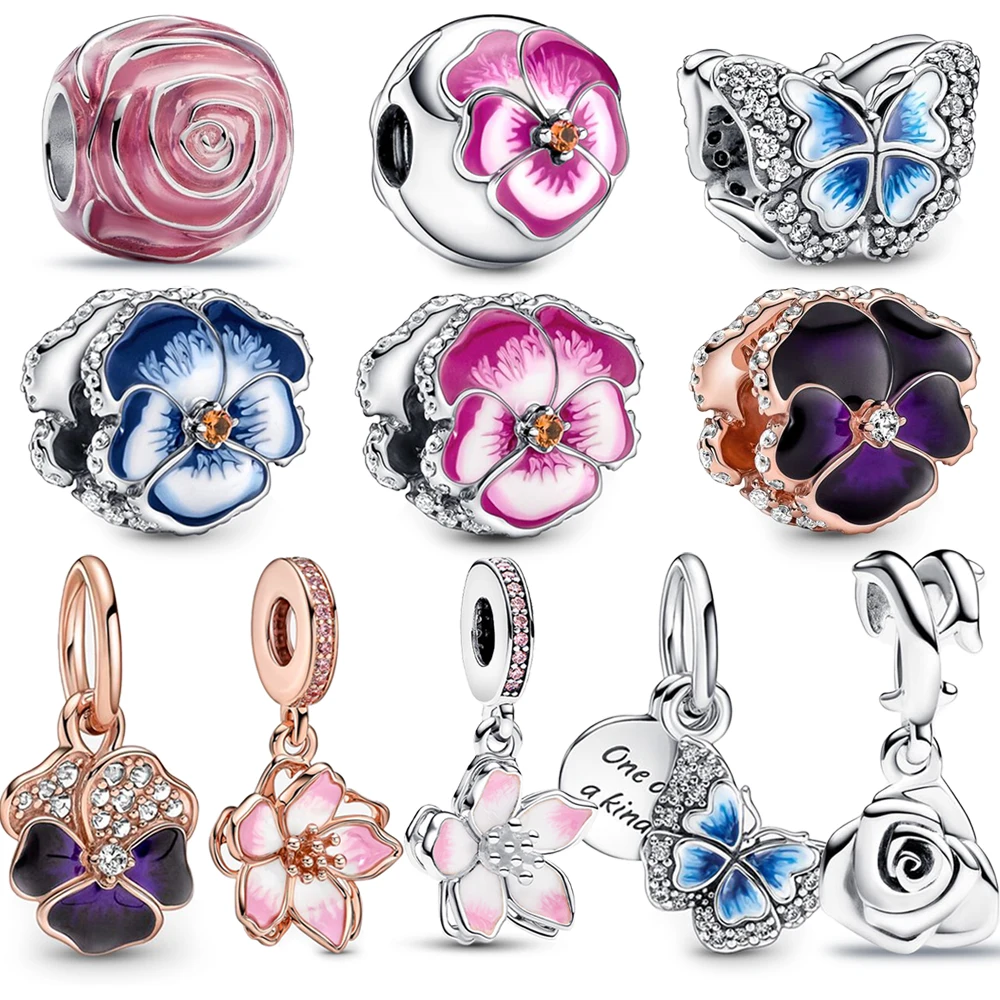 Trendy-Sterling-Silver-Pink-Pansy-Flower-Charm-Fit-Original-Pandora-Bracelet-925-Silver-Blue ...