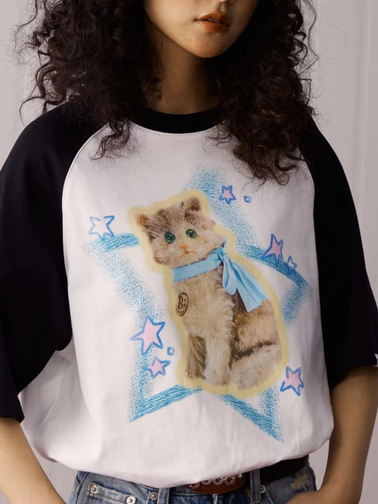 ADAgirl-Patchwork-Cat-Print-T-Shirt-Women-Cartoon-Contrast-Color-Half ...
