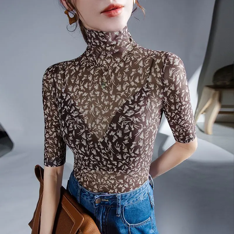 Women-s-Clothing-Thin-Gauze-Bottom-Turtleneck-Half-Sleeve-2024-Spring ...