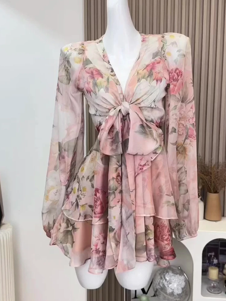 Autumn French Vintage Midi Long Sleeve Floral V-Neck Dress Women Boho ...