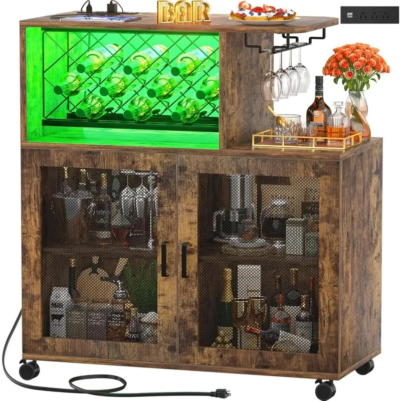 Portable Wine Bar Cabinet with LED Light, Power Outlets, Wine Rack, and ...
