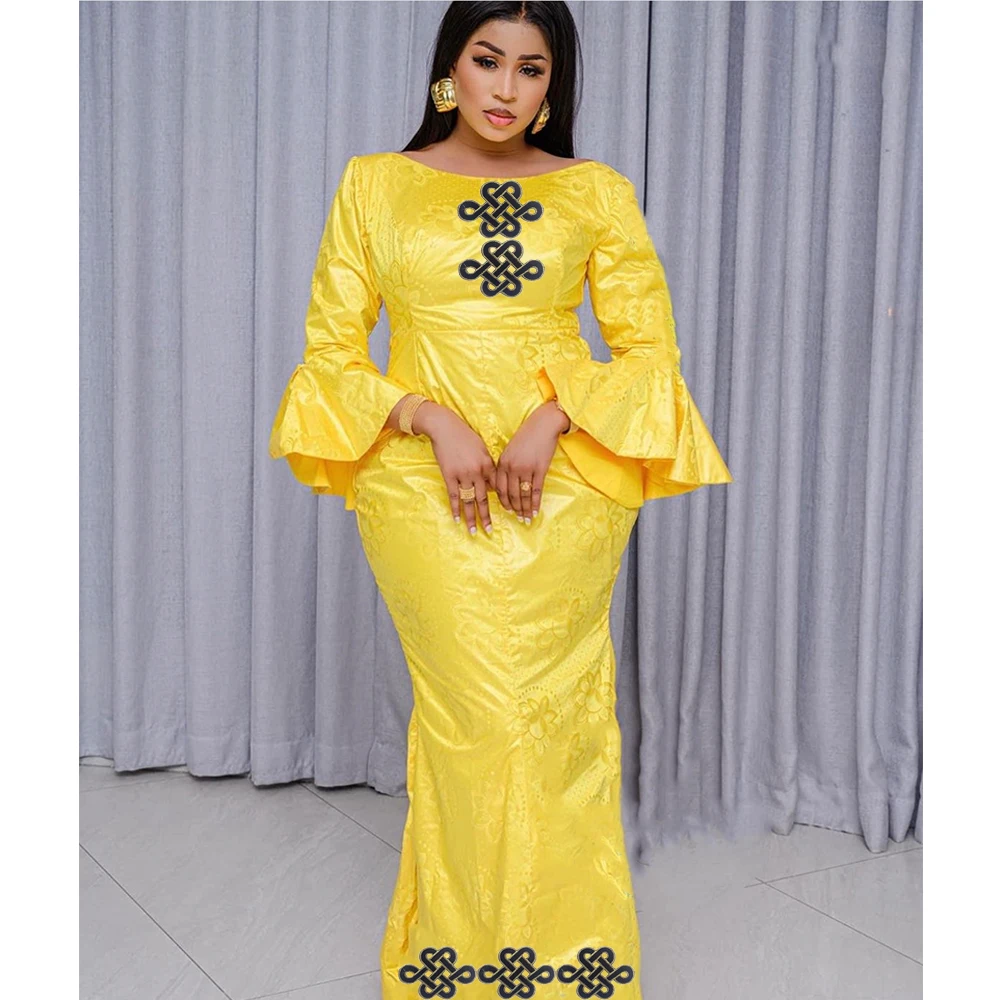 Yellow-Large-Size-Bazin-Riche-Long-Dresses-For-African-Women-Evening ...