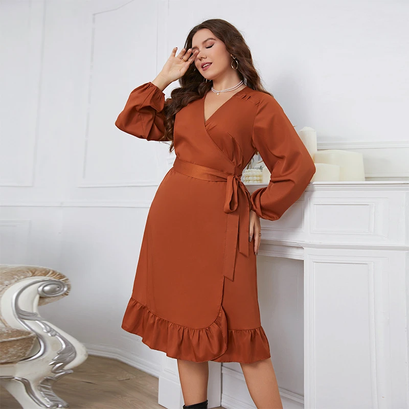 Women's Plus Size Long Lantern Sleeve Swing Midi Dress V Neck Wrap ...