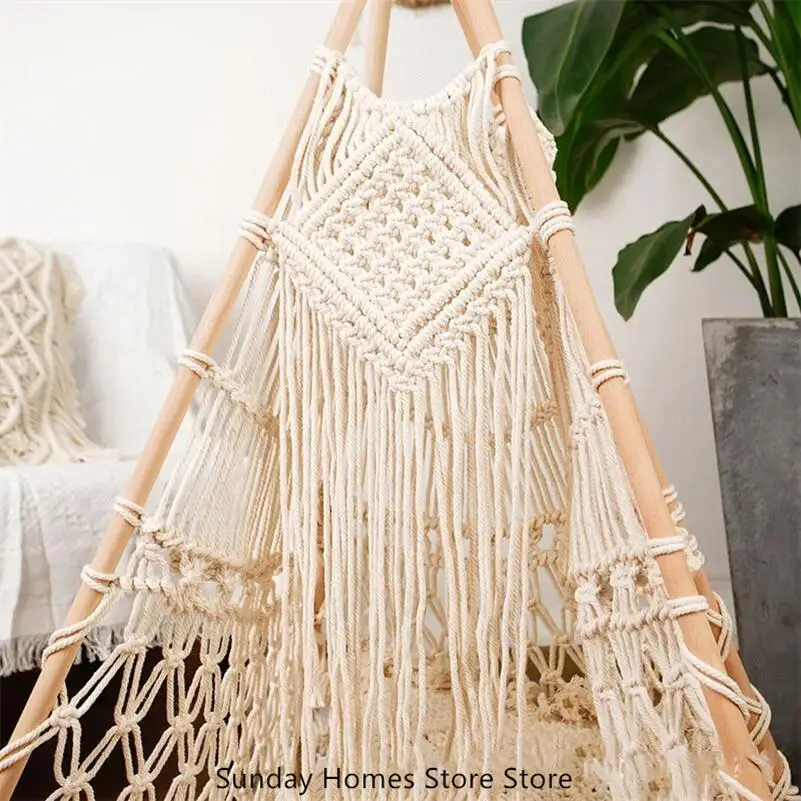 Hand-woven-Macrame-Tapestry-Tent-with-Wooden-Stick-Holder-Kids-Cotton ...