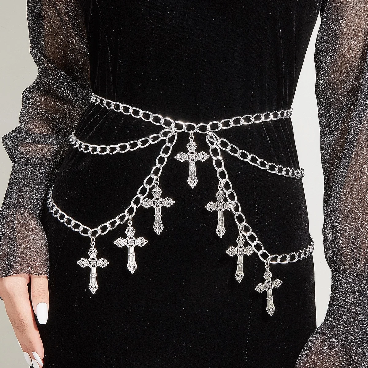 MW3202waist chain alloy hollow out cross pendant with wavy side swing ...
