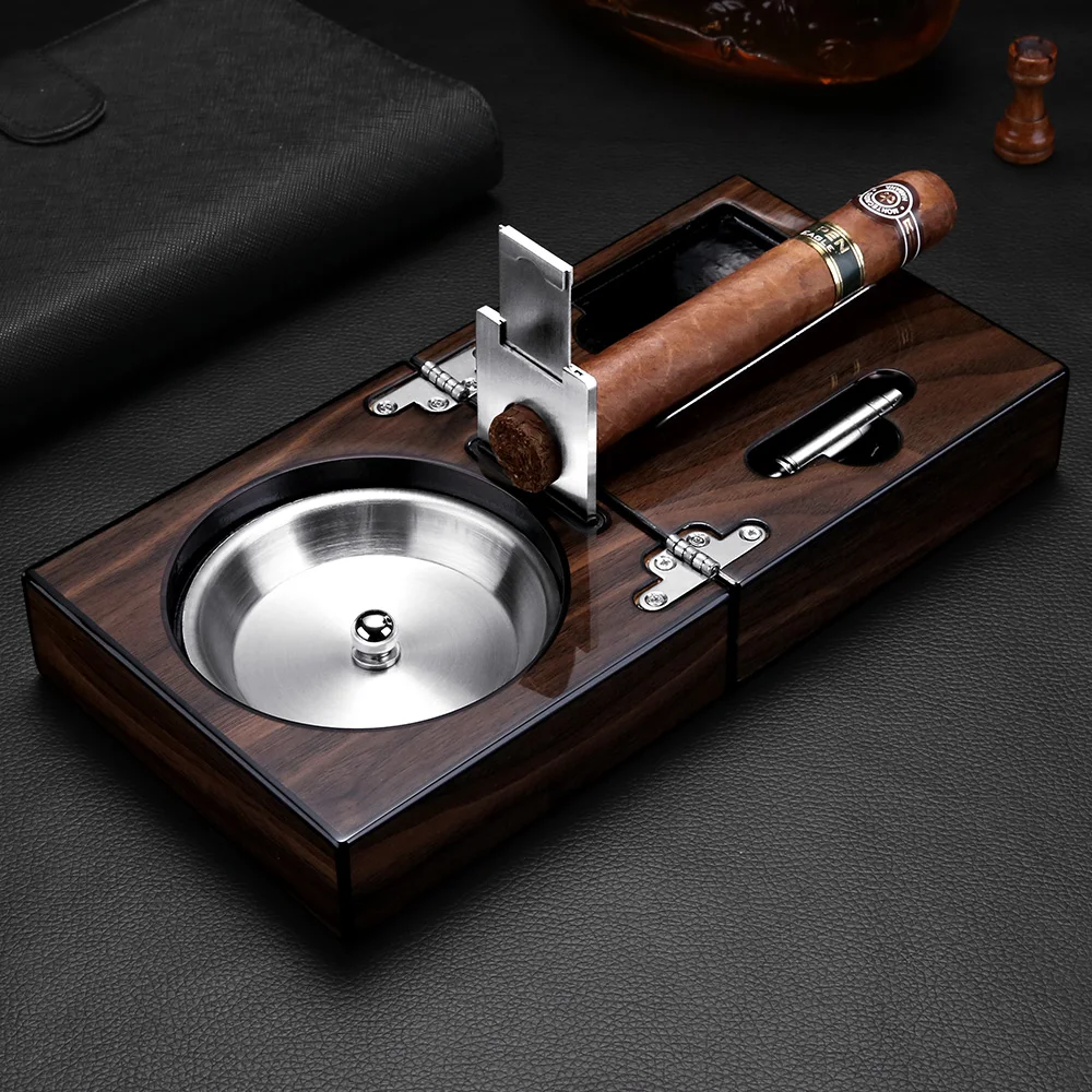 Cigar Ashtray Holder With Cutter Cigar Drill 3pcs One Set Solid Wood ...
