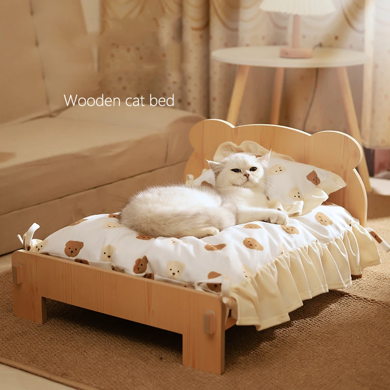 Cat-Bed-Wooden-Cat-And-Dog-Bed-With-Teddy-Bear-Pattern-Indoor-Pet ...