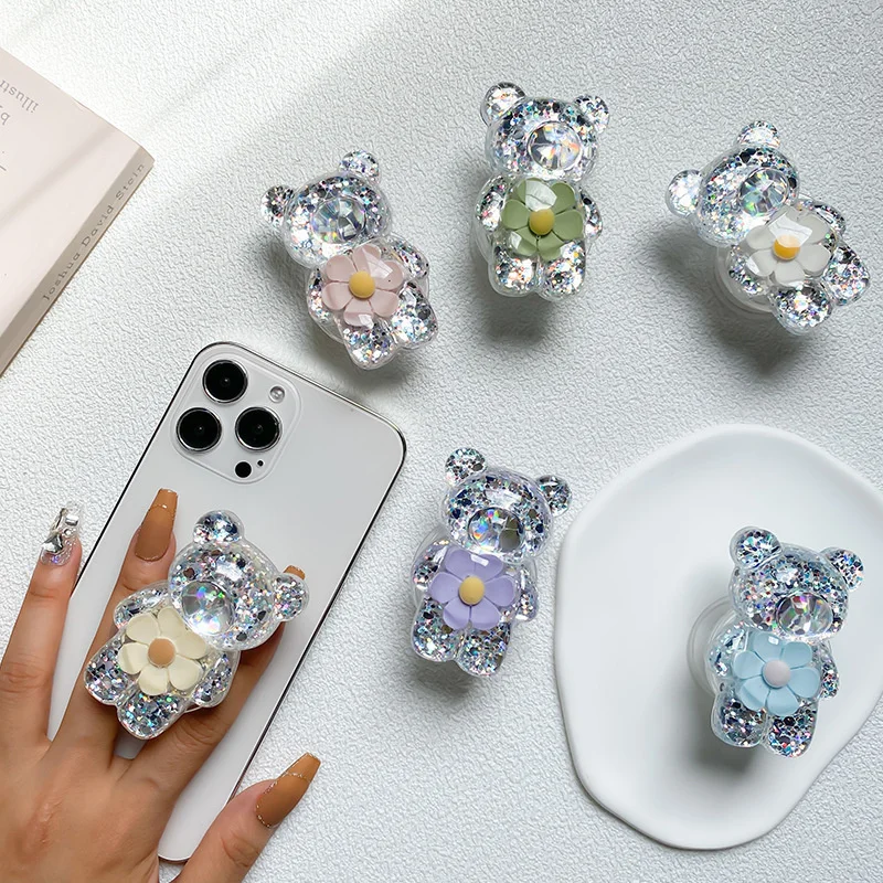 Cute 3D Quicksand Flower Bear Grip Tok Phone Holder Korean Personality ...