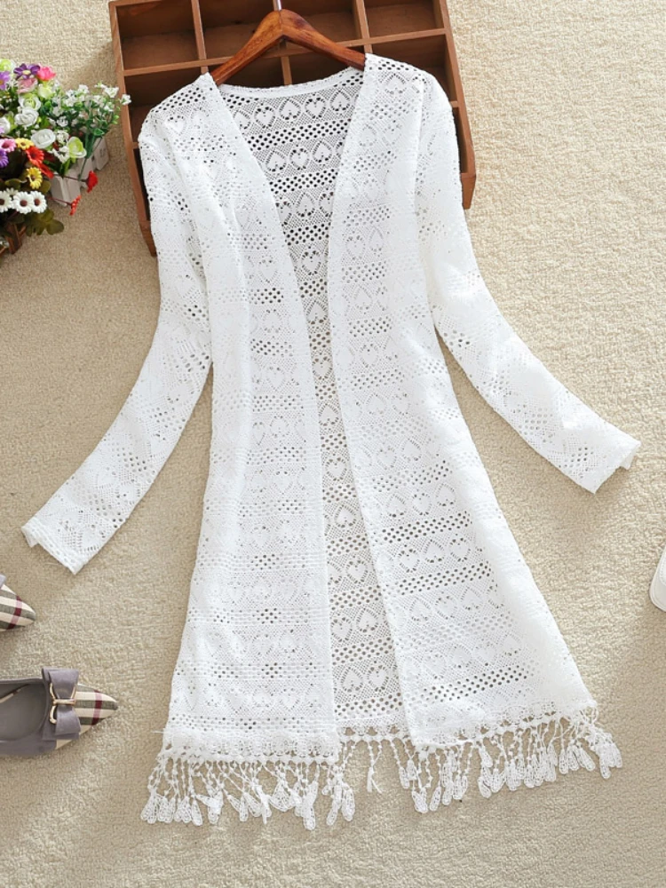 Cardigan-de-renda-fina-para-mulheres-casaco-fino-manga-comprida-borlas ...