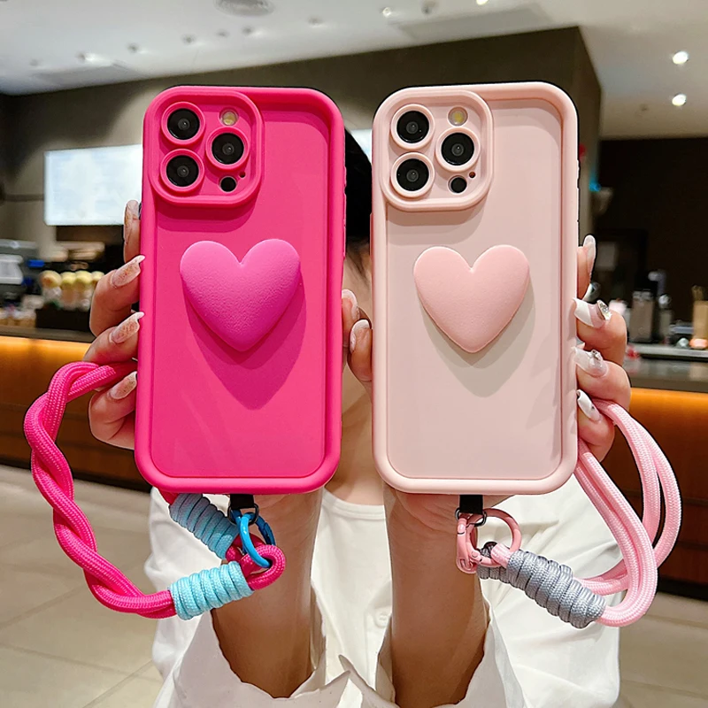 Luxury-3D-Love-Heart-Matte-Soft-Lanyard-Rope-Phone-Case-For-iPhone-16 ...