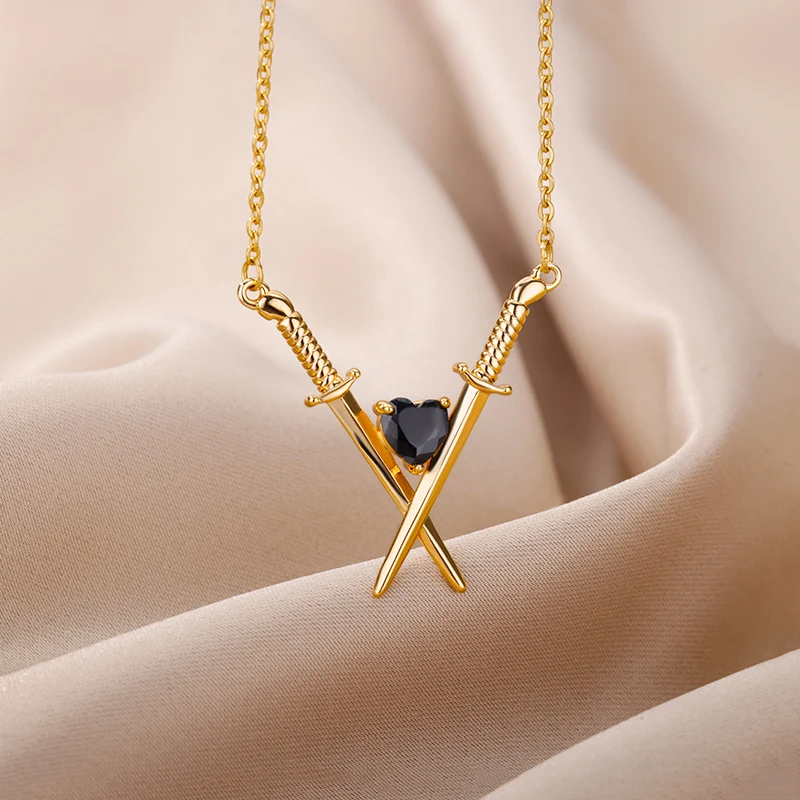 Zircon-Heart-Double-Sword-Necklaces-For-Women-Men-Gold-Color-Stainless ...