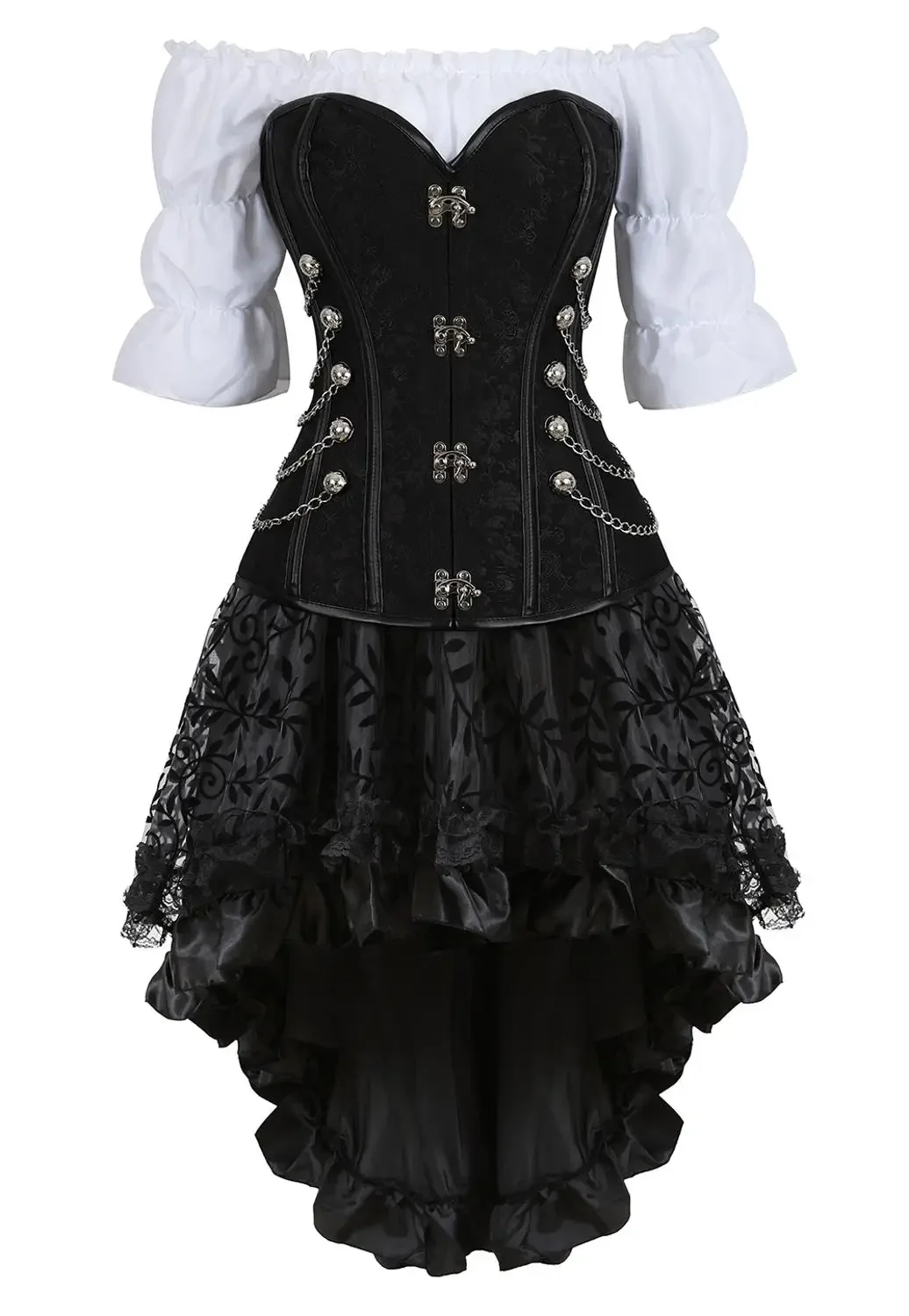 Womens-Pirate-Corset-Leather-Steel-Bone-Bustier-Femme-Sexy-Skirt-White ...