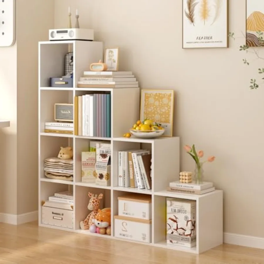 Ladder Cube Storage Bookcase - Wooden L-Shaped 4-Tier Corner Shelf ...