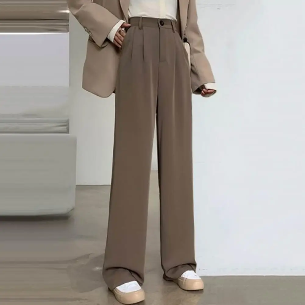 Slim-Fit-Straight-Leg-Pants-Elastic-High-Waist-Women-s-Suit-Pants-Solid ...