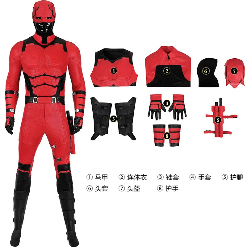 Disfraz de Daredevil para cosplay de Matt Murdock, traje de batalla de cuero rojo, mono ...