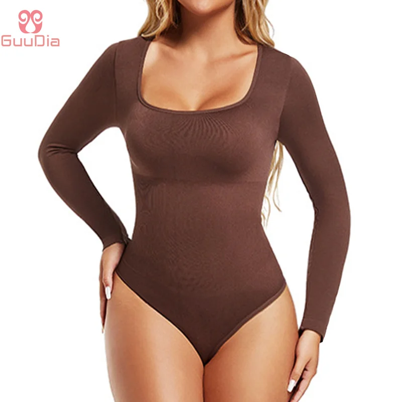 GUUDIA-Open-Crotch-Big-U-Neck-Seamless-Bodysuit-Long-Sleeve-Spandex-Elastic-Body-Suit-Shapewear ...