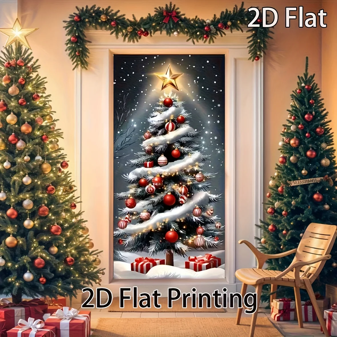 1 holiday 2D Christmas wild door flag with tree and gift pattern design ...