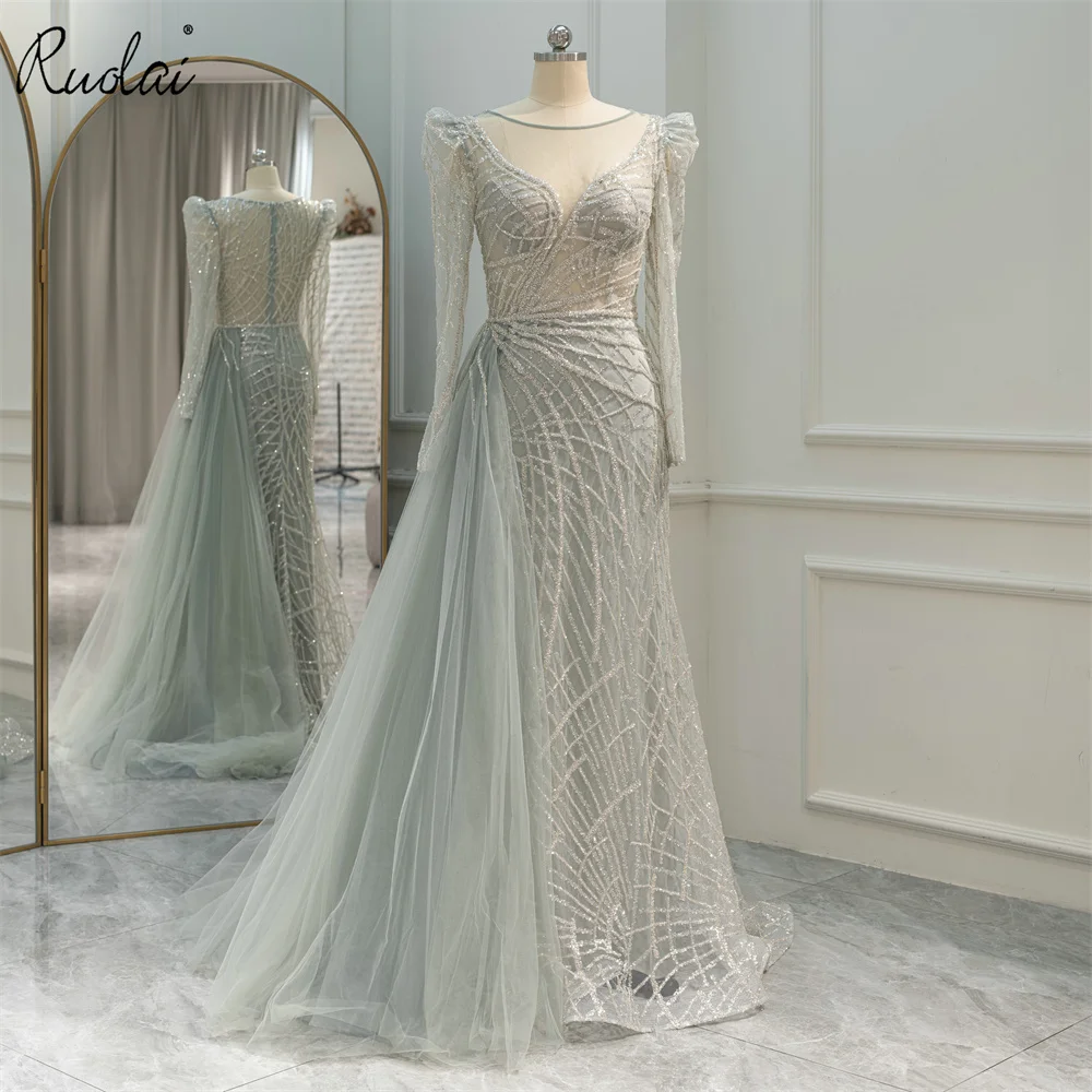 Ruolai-Mermaid-V-neck-Evening-Dress-Beadings-Modest-Luxury-Long-Sleeve ...