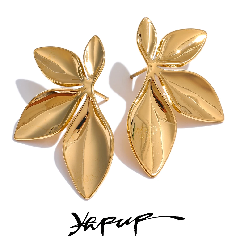 Yhpup-Fashion-Stainless-Steel-Leaves-Flower-Stud-Earrings-Bright-Anti ...