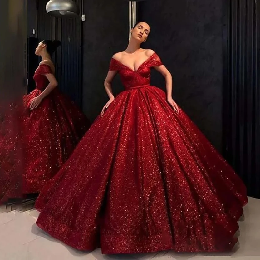Red Shiny Formal Evening Dresses A-Line One Shoulder Prom Ball Gowns ...