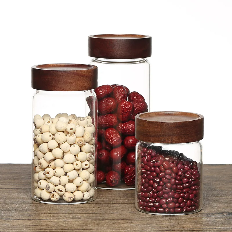 Acacia Wood Storage Jar Storage Daily Use Borosilicate Transparent With ...