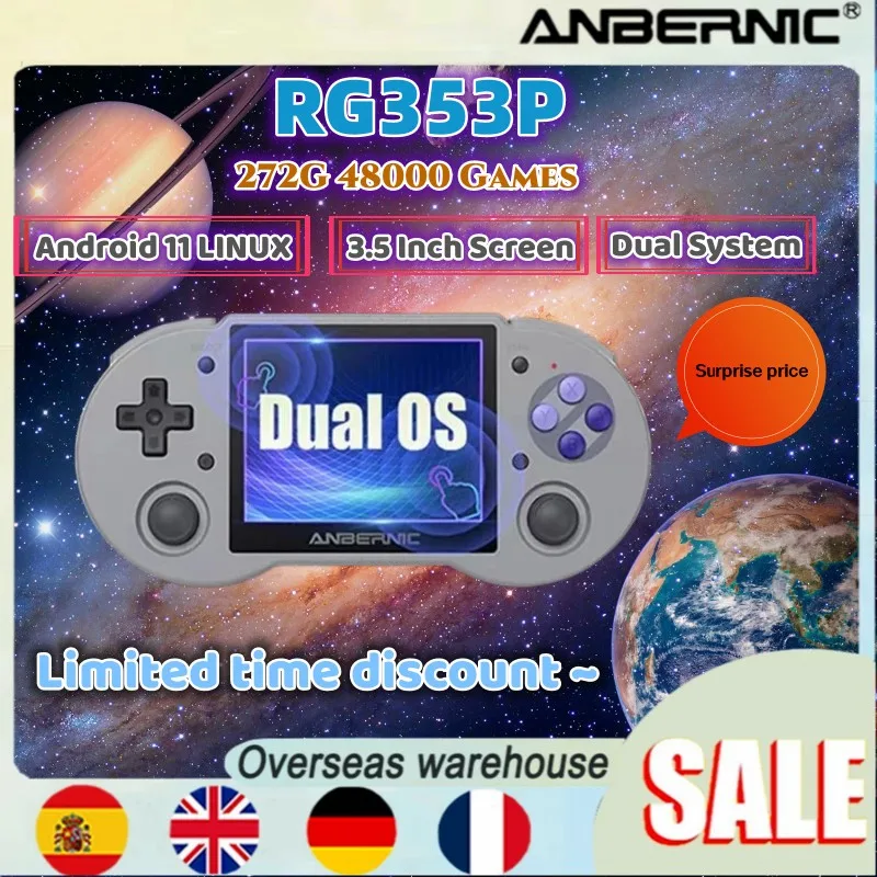 ANBERNIC RG353P 오리지널 안드로이드 11 리눅스 듀얼 시스템, 5G 와이파이 3.5 인치 멀티 터치 스크린 레트로 ...