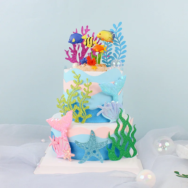 Little Mermaid Happy Birthday Cake Topper Glitter Mermaid Tail Coral ...