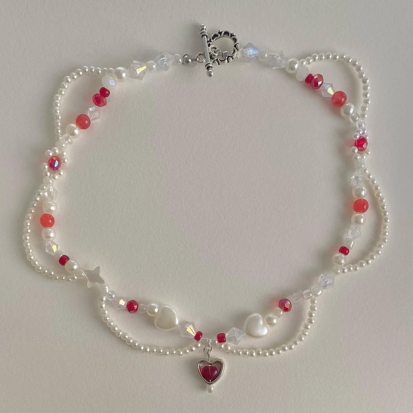 Handmade Red Heart Beads Necklace Pearls Beaded Y2K Necklace Choker ...