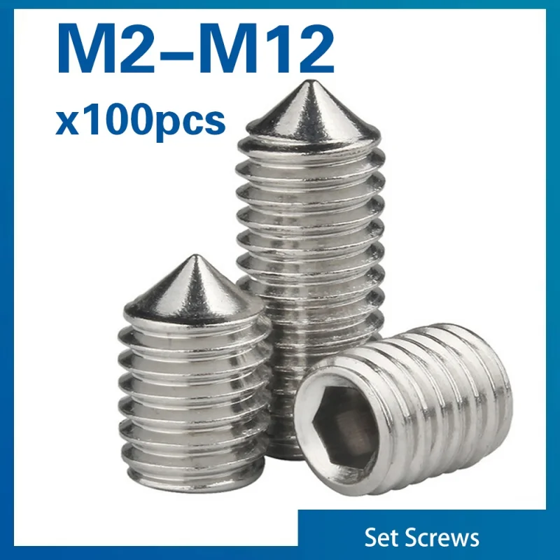 100pcs/lot Hex hexagon socket set screw cone point grub screw M2 M2.5 M3 M4 M5 M6 M8 M10 M12 304 ...