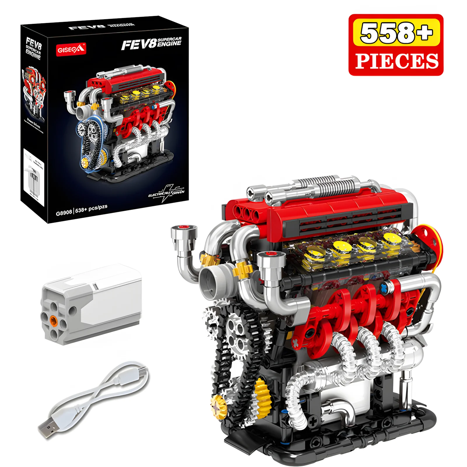 558PCS Classic Supercar V8 Engine Model Kit Motorized Small Particle ...