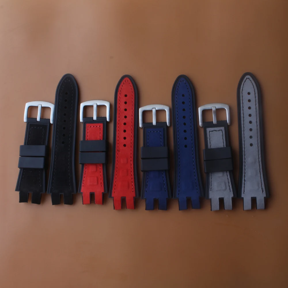 28mm Black Leather+Soft Nature Rubber Silicone Watchband For Roger ...