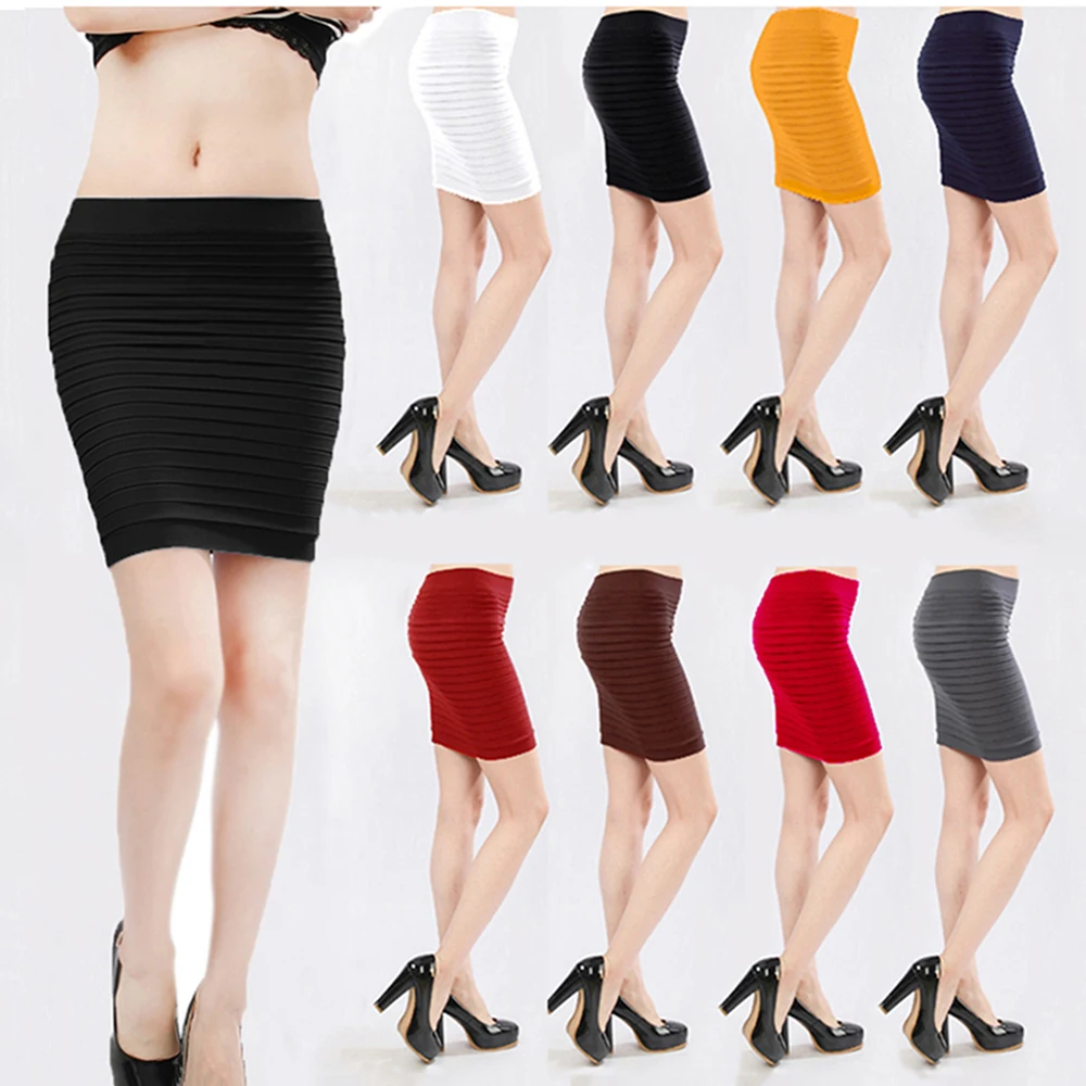 Summer Women Slim Skirt High Waist Pleated Candy Color Knitted Elastic ...