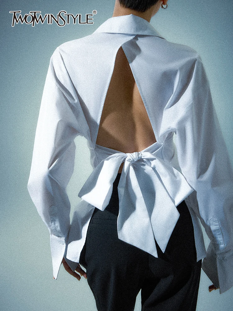 TWOTWINSTYLE-Backless-Shirts-For-Women-Lapel-Long-Sleeve-Patchwork ...
