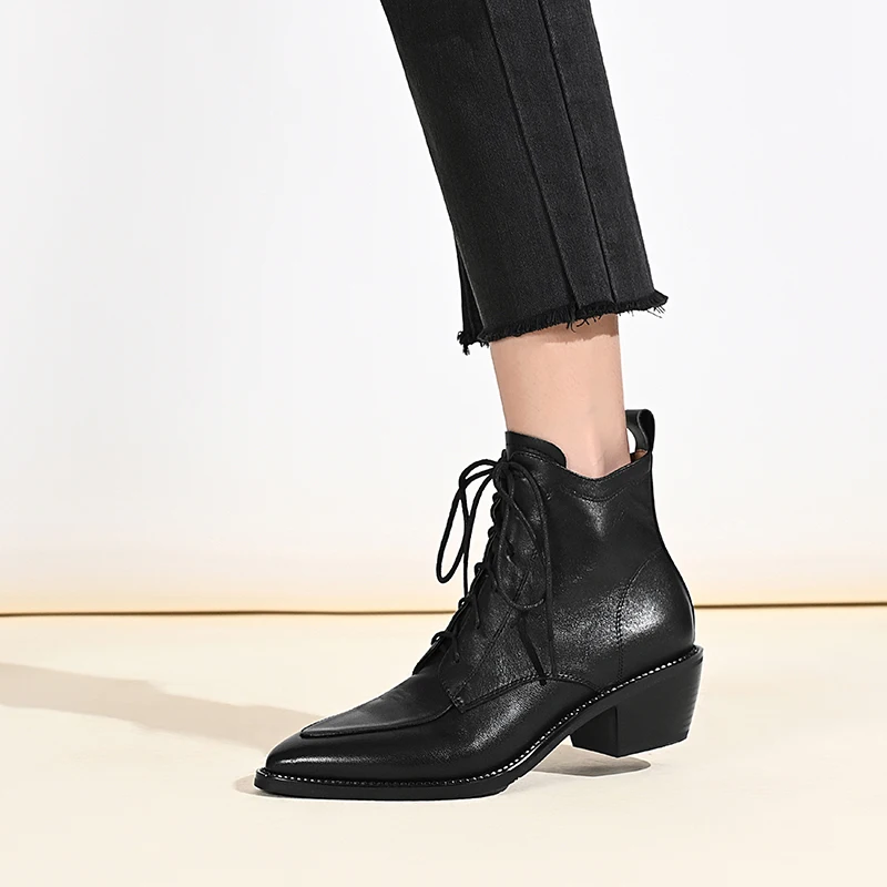 Bottines-en-cuir-v-ritable-bout-pointu-pour-femme-chaussures-lacets-et ...