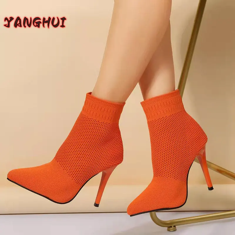 Botas de punto con puntera estrecha para mujer, botines de tela ...